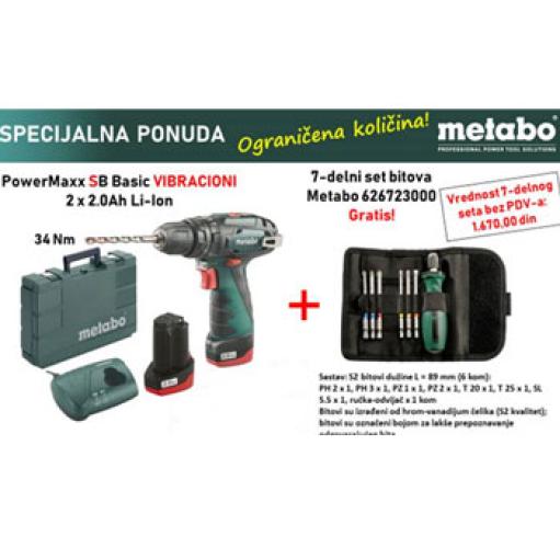 Metabo akumulatorska bušilica odvrtač vibraciona PowerMaxx SB Basic + POKLON 7-delni set bitova 600385501