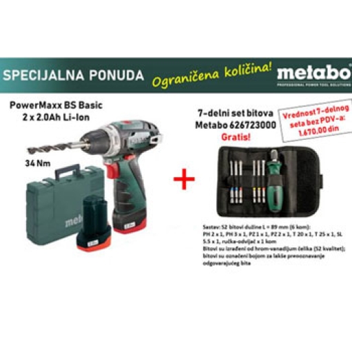 Metabo akumulatorska bušilica odvrtač PowerMaxx BS Basic + POKLON 7-delni set bitova 600080501