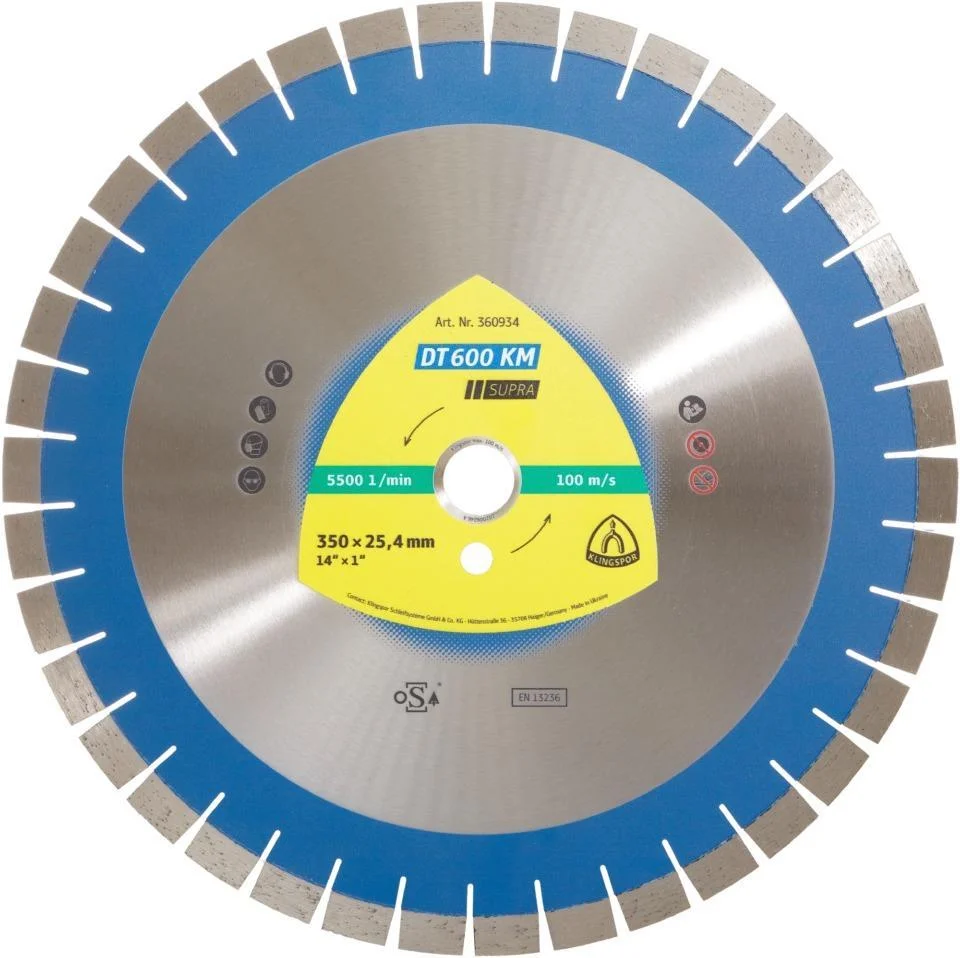 Klingspor DT 600 KM dijamantske rez.ploče, 350 x 3 x 25,4 mm 38 segmenti 24 x 3 x 15 mm, Kratko nazubljenjenje