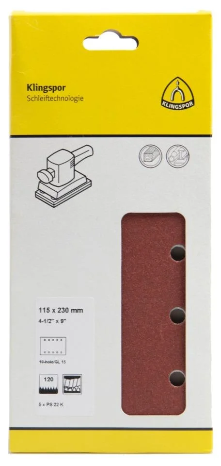 Klingspor PS 22 K trake samopričvršćavajući, 115 x 230 mm Zrno 120 Raspored rupa GL15, D.I.Y-pakovanje sa tablicom