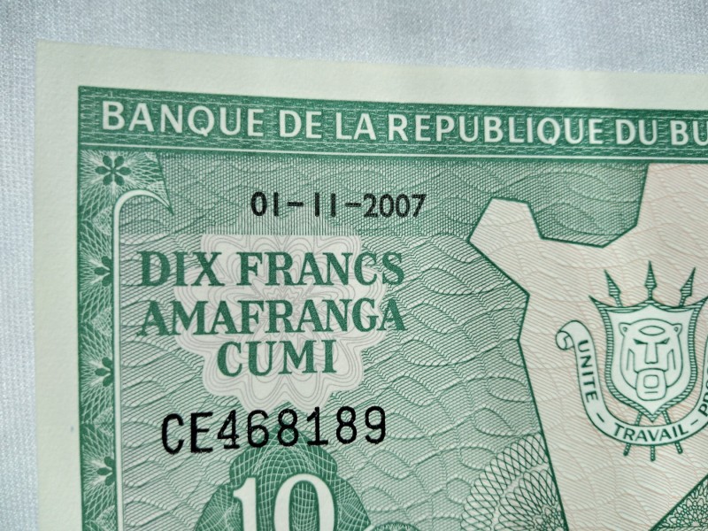 Burundi 10 francs,2007 god.UNC