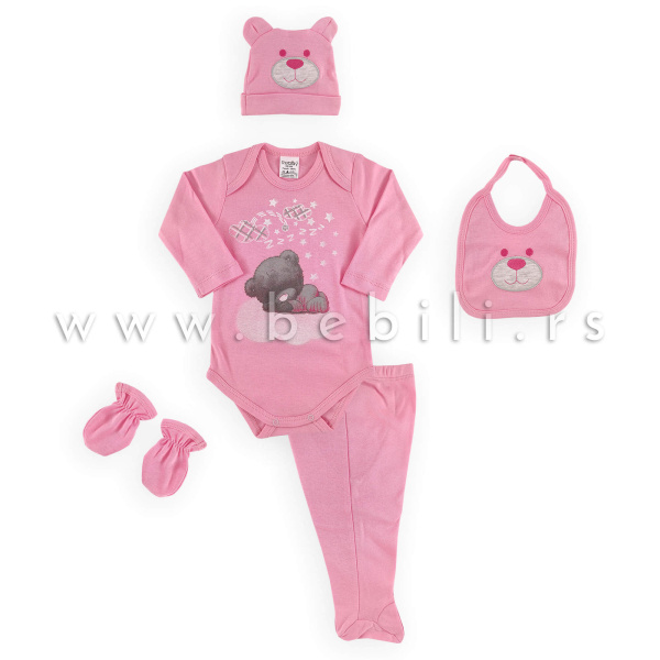 Ready pamučni set za bebe 5 delova Meda rozi