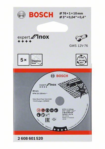Rezna ploča Expert for Inox Bosch 2608601520, A 60 R INOX BF; 76 mm; 1 mm; 10 mm