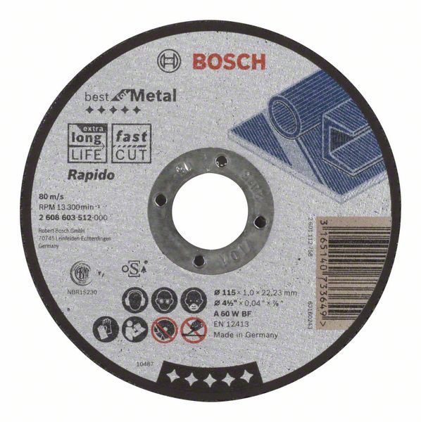 Rezna ploča ravna Best for Metal - Rapido Bosch 2608603512, A 60 W BF, 115 mm, 1,0 mm