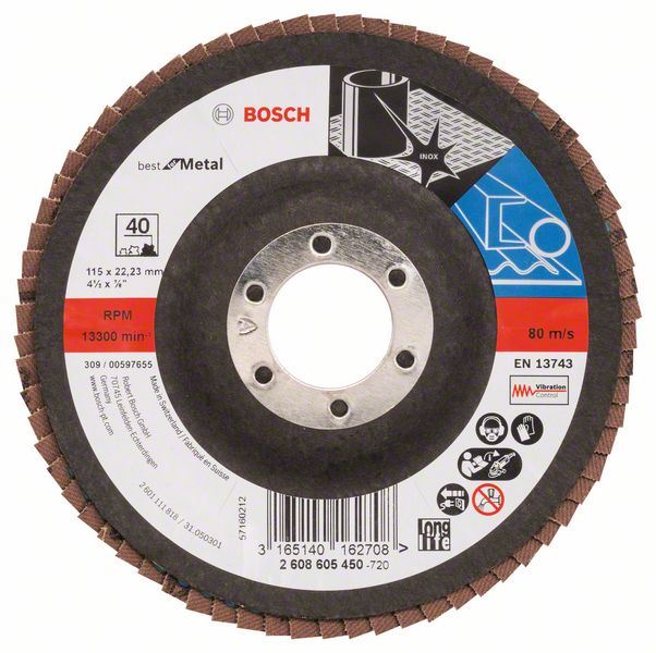 Lamelni brusni disk X571, Best for Metal Bosch 2608605450, Prečnik 115 mm; granulacija 40, kolenasti