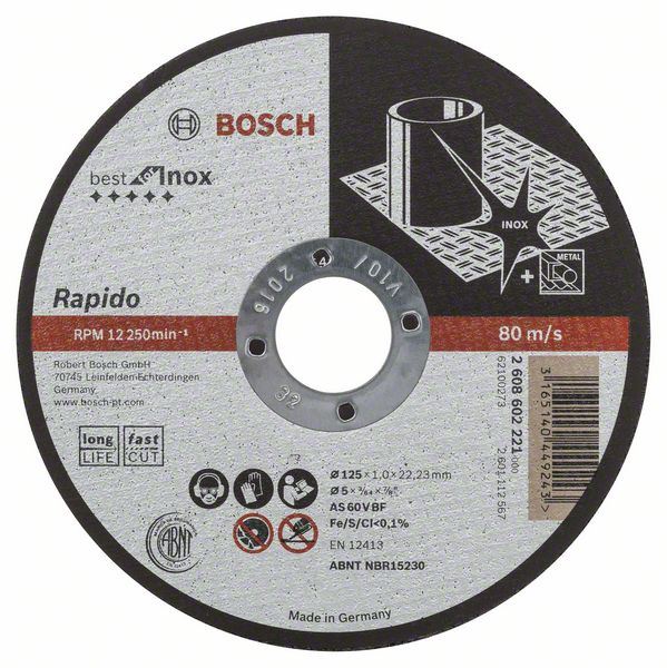 Rezna ploča ravna Best for Inox - Rapido Long Life Bosch 2608602221, AS 60 V BF 41, 125 mm, 22,23 mm, 1,0 mm