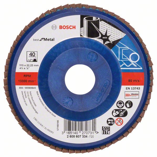 Lamelni brusni disk X571, Best for Metal Bosch 2608607334, Prečnik 115 mm; granulacija 40, ravni