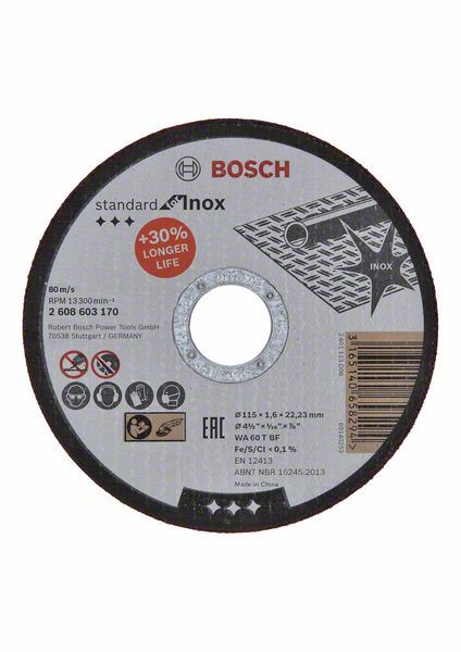 Rezna ploča ravna Standard for Inox Bosch 2608603170, WA 60 T BF, 115 mm, 22,23 mm, 1,6 mm
