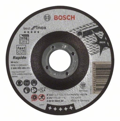 Rezna ploča ispupčena Best for Inox - Rapido Bosch 2608603491, A 60 W INOX BF, 115 mm, 1,0 mm