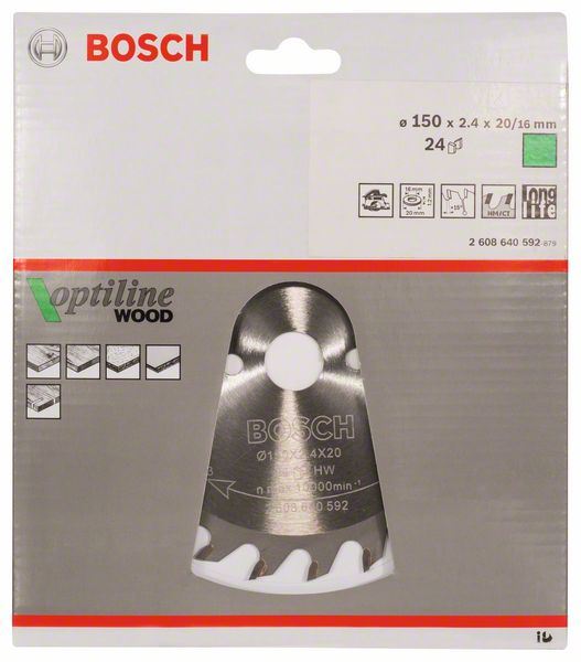 List kružne testere Optiline Wood Bosch 2608640592, 150 x 20/16 x 2,4 mm, 24