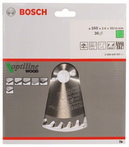 List kružne testere Optiline Wood Bosch 2608640597, 160 x 20/16 x 2,6 mm, 36