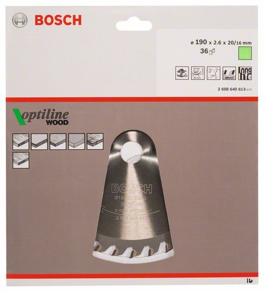 List kružne testere Optiline Wood Bosch 2608640613, 190 x 20/16 x 2,6 mm, 36