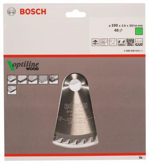 List kružne testere Optiline Wood Bosch 2608640614, 190 x 20/16 x 2,6 mm, 48