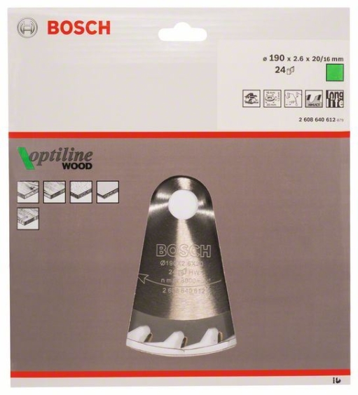 List kružne testere Optiline Wood Bosch 2608640612, 190 x 20/16 x 2,6 mm, 24