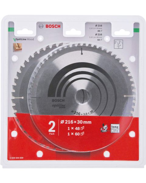 Bosch Dvodelni set listova kružne testere za drvo Optiline Wood 216mm, 48T i 60T - 2608644659