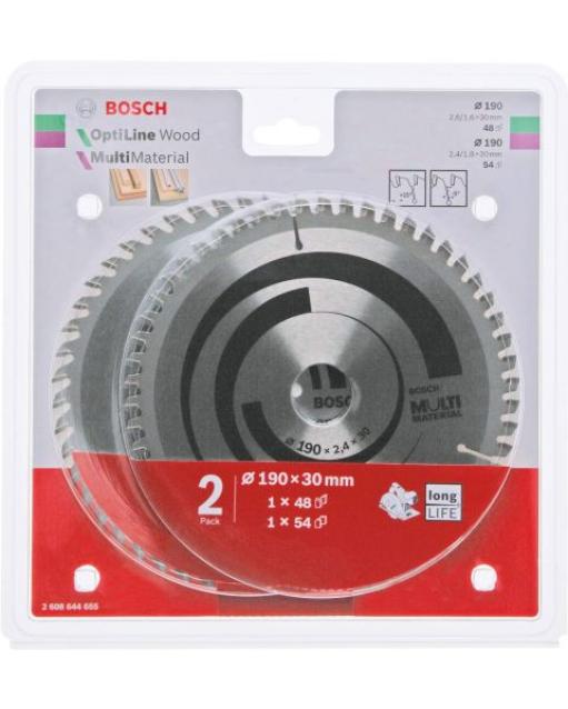 Set listova testere za drvo 190x2,6x30 48T i univerzalni (aluminijum i plastika) 190x2,4x30 54T Bosch - 2608644655