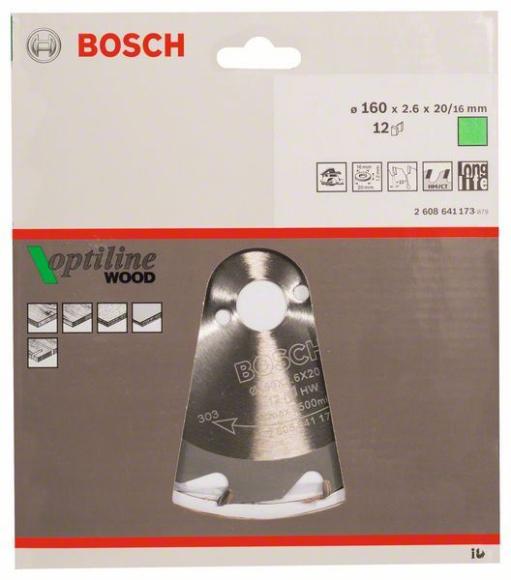 List kružne testere Optiline Wood Bosch 2608641173, 160 x 20/16 x 2,6 mm, 12