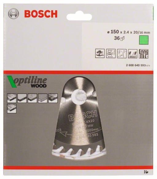 List kružne testere Optiline Wood Bosch 2608640593, 150 x 20/16 x 2,4 mm, 36