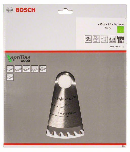 List kružne testere Optiline Wood Bosch 2608640727, 235 x 30/25 x 2,8 mm, 48