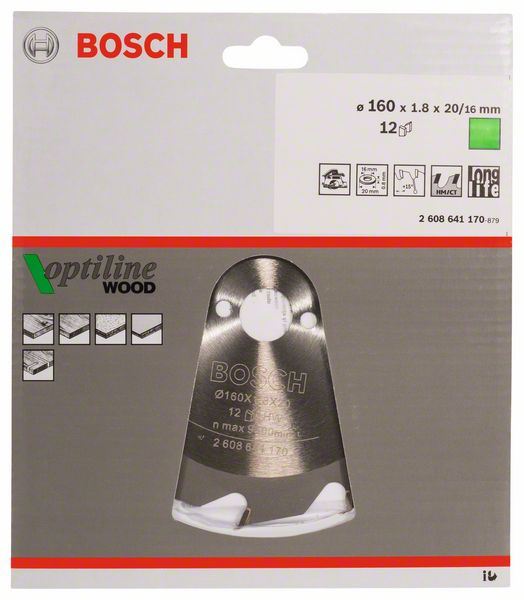 List kružne testere Optiline Wood Bosch 2608641170, 160 x 20/16 x 1,8 mm, 12