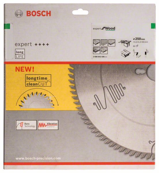 List kružne testere Expert za drvo 250 x 30 x 3,2 mm, 60 Bosch 2608642506