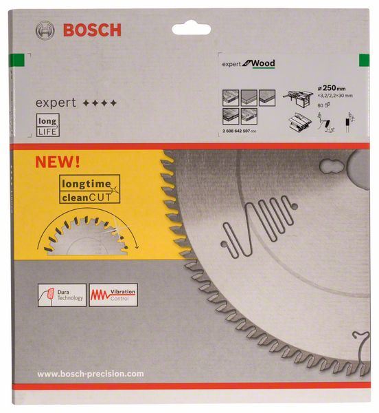 List kružne testere Expert za drvo 250 x 30 x 3,2 mm, 80 Bosch 2608642507