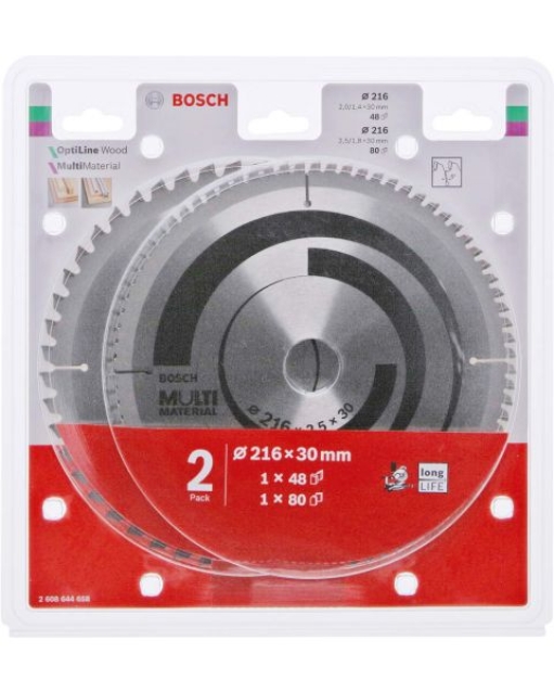 Set listova testere za drvo 216x2,0x30 48T i univerzalni (aluminijum i plastika) 216x2,5x30 80T Bosch - 2608644658