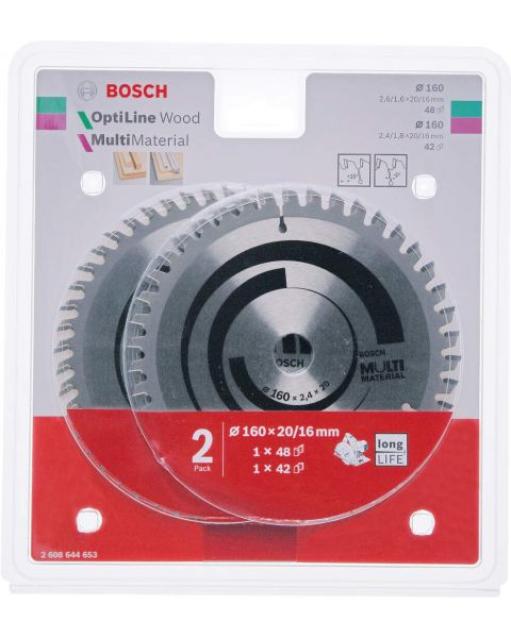 Set listova testere za drvo 160x2,6x20 48T i univerzalni (aluminijum i plastika) 160x2,4x20 42T Bosch - 2608644653