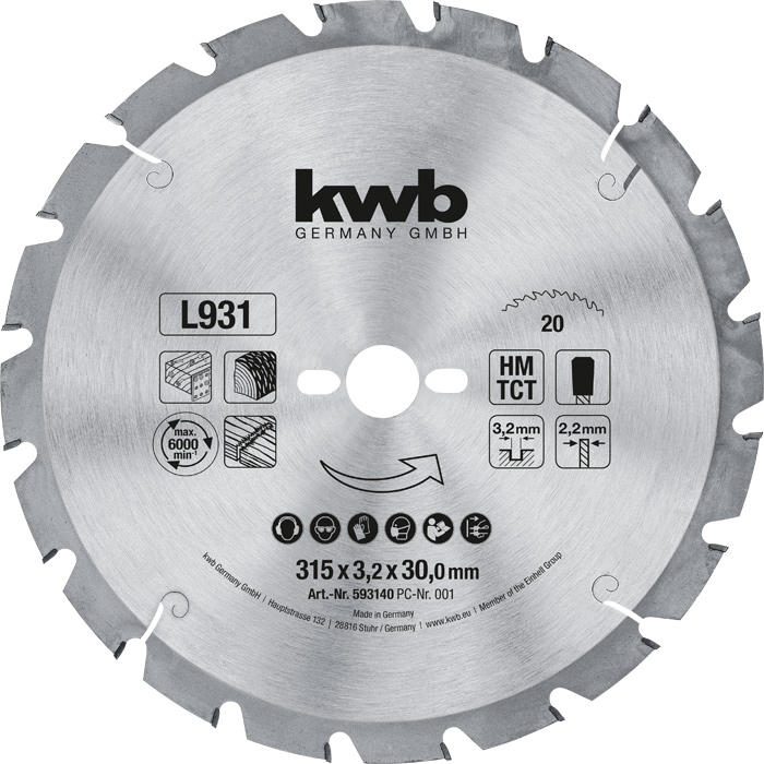 KWB 49593140 list za cirkular za drvo 315 x 2,2 x 30 mm, Z20, ojačan karbidom