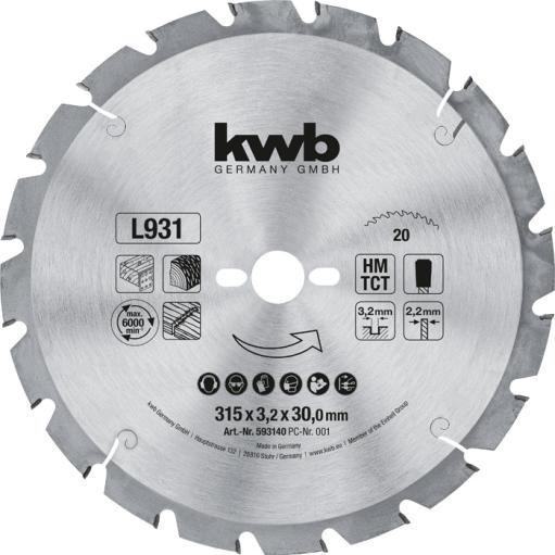 KWB 49593140 list za cirkular za drvo 315 x 2,2 x 30 mm, Z20, ojačan karbidom