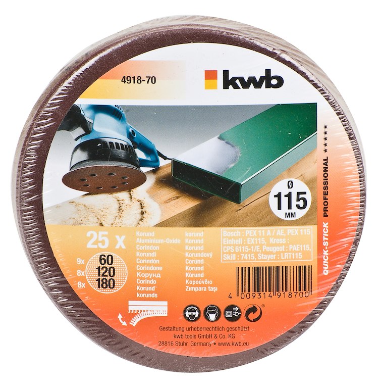 KWB 49491870 Quick-Stick set brusnih papira 115 GR60-180, 25/1 | drvo-metal, alu-oksid