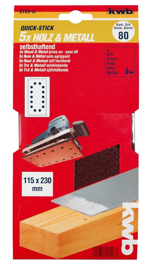 KWB 49818908 Samolepljivi brusni papir za drvo - metal, 115 x 230 mm, GR 80, 5 kom