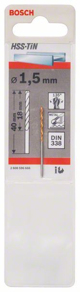 Burgija za metal HSS-TiN, DIN 338 Bosch 2608596666, 1,5 x 18 x 40 mm