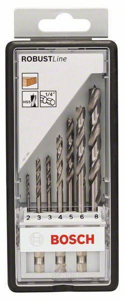 7-delni Robust Line set spiralnih burgija za drvo, šestostrani držač Bosch 2607019923, 2; 3; 3; 4; 5; 6; 8 mm