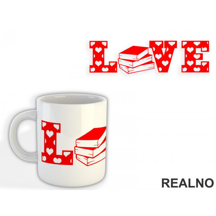 LOVE - RED HEART - BOOKS - ČITANJE - KNJIGE - ŠOLJA