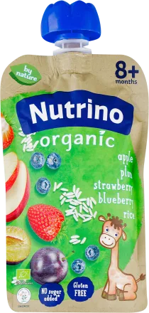 Nutrino
organic voćna kašica - jabuke, šljive, jagode i borovnice sa pirinčem i dodatkom vitamina C, od 8. meseca, 100 g
Dijetetska namirnica