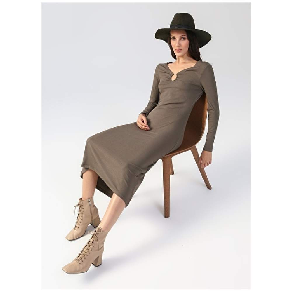 Factory V Neck Khaki Women Midi Knitwear Pencil Dress MARNI