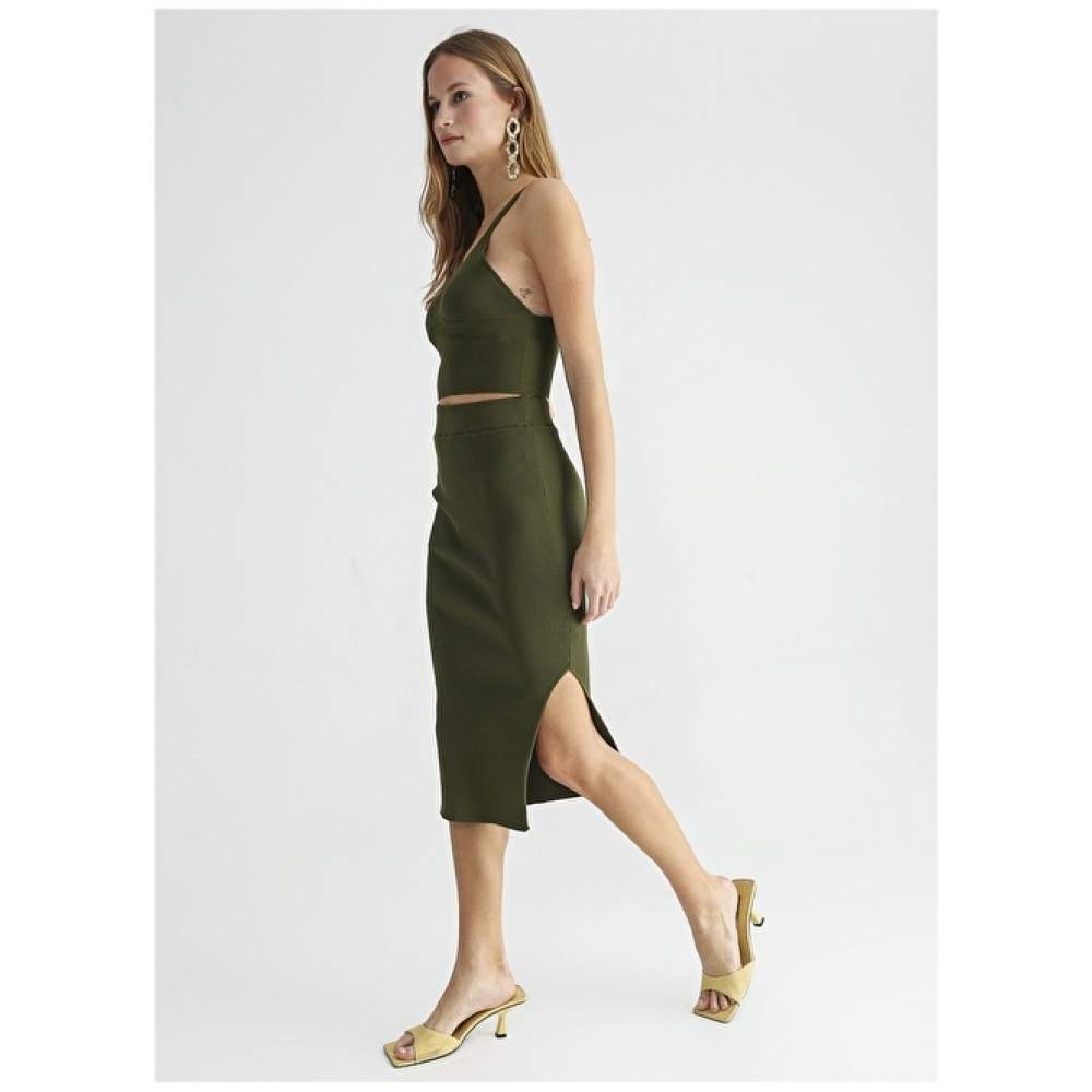 Factory Elastic Waist Green Women's Straight Midi Skirt TAPE