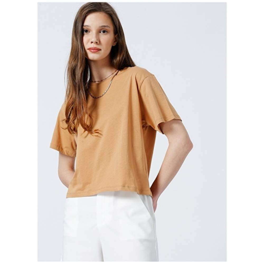 Factory K-Abella Crew Neck Crop Plain Camel Hair Women's T-Shirt