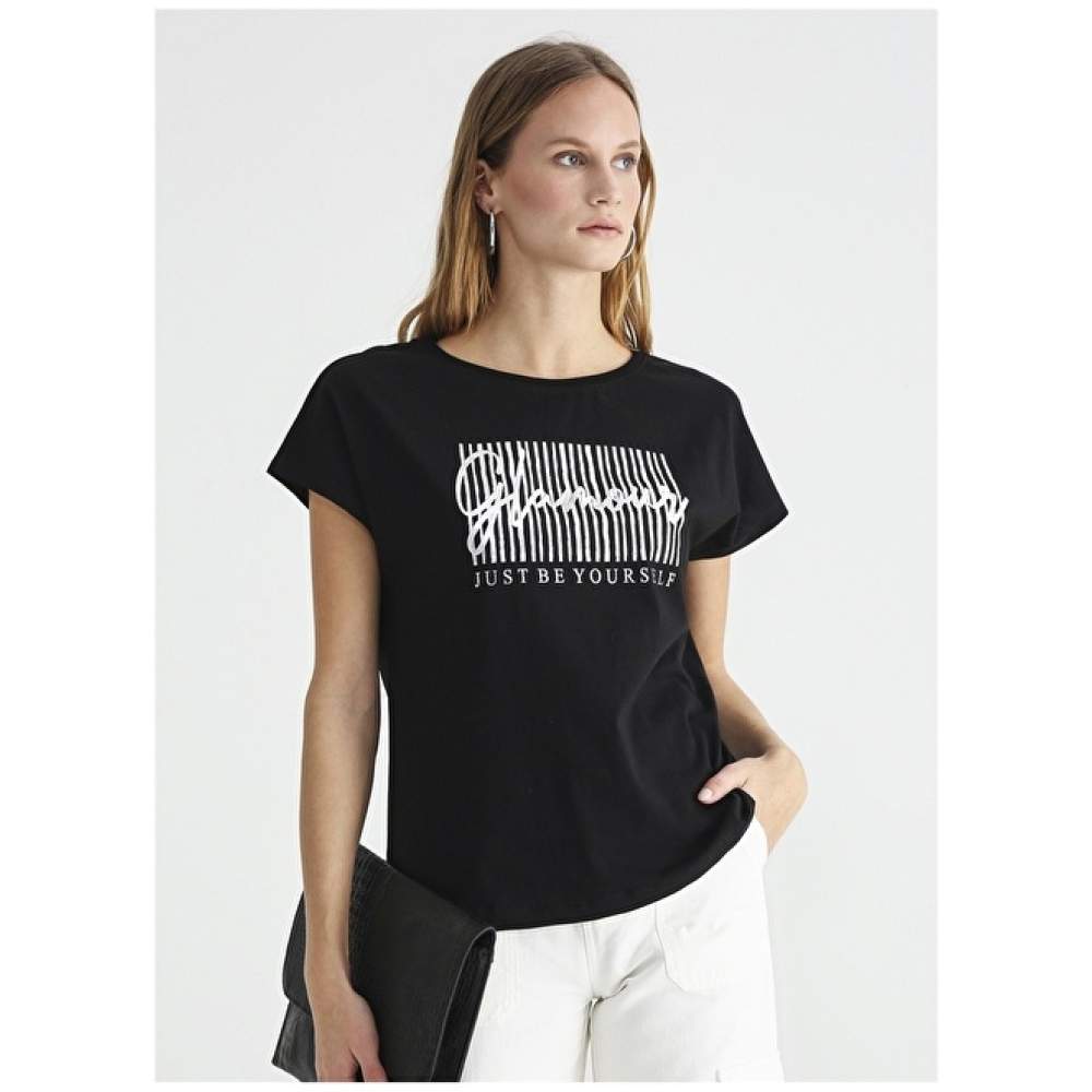 Factory Crew Neck Leafed Black Women's T-Shirt DUSA