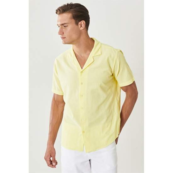 Comfort Fit Mono Collar Short Sleeve Straight Linen Shirt