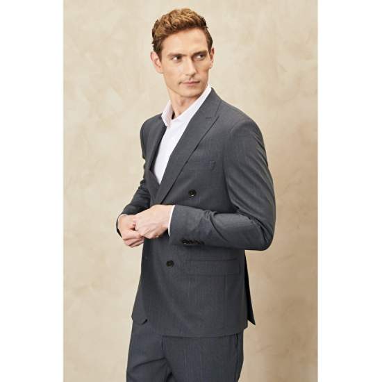 Slim Fit Dovetail Collar Striped Wool Suit