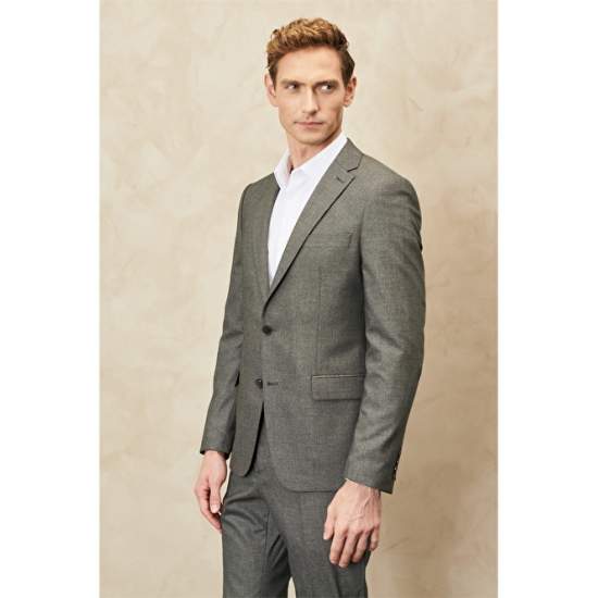 Slim Fit Mono Collar Patterned Wool Suit
