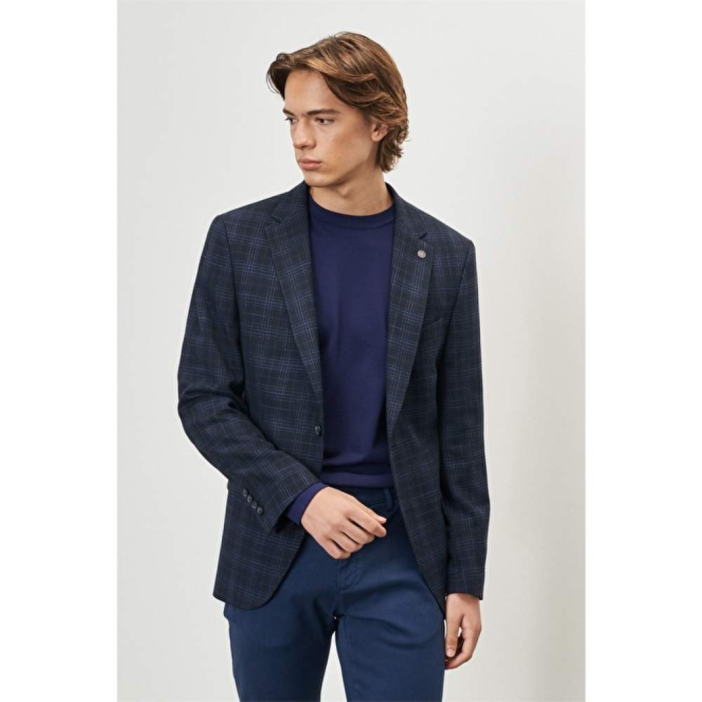 Slim Fit Slim Fit Mono Collar Plaid Patterned Jacket