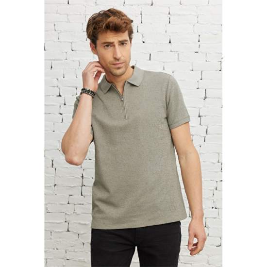 4A4823200034 Slim Fit Slim Fit Zippered Polo Neck Textured Fabric Short Sleeved T-Shirt