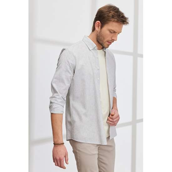 Slim Fit Organic Cotton Striped Linen Shirt