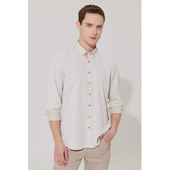 Slim Fit Buttoned Collar Cotton Dobby Shirt