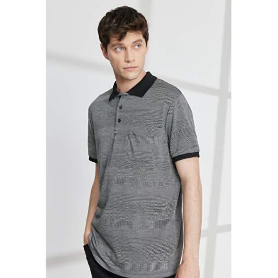 Comfort Fit Wide Cut Polo Neck Jacquard T-Shirt