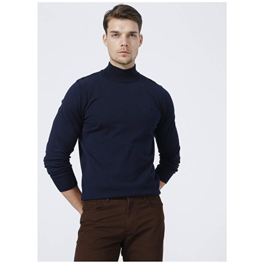 Factory Half Turtleneck Basic Plain Navy Blue Men's Sweater BERNARDO