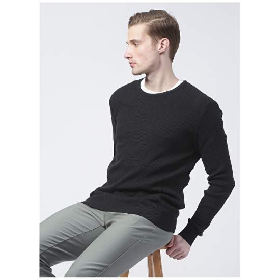 Factory Benjamin-F Crew Neck Basic Jacquard Black Men's Sweater